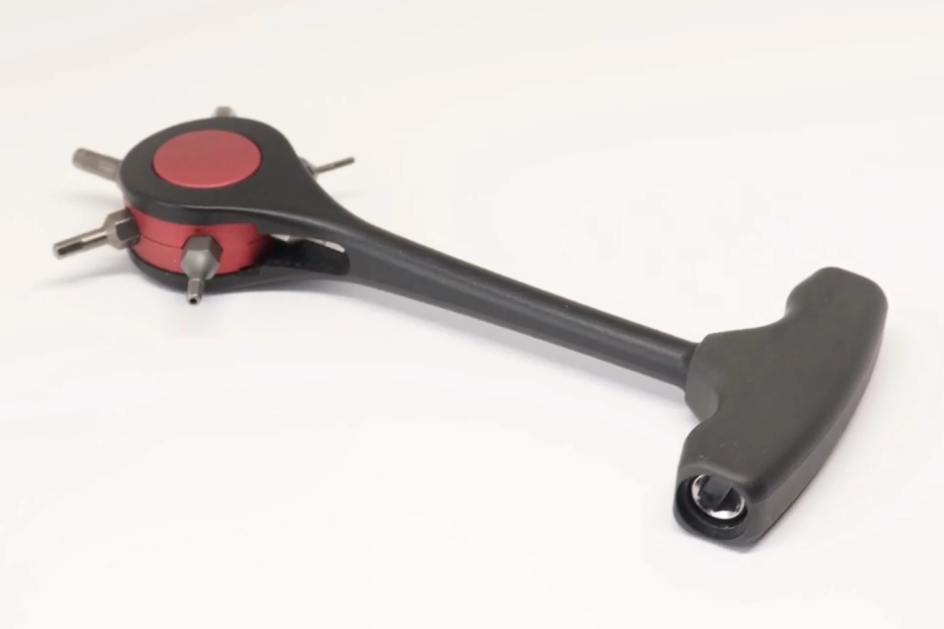Switch Hex T wrench keeps six bits at the ready in a rotating head Switch Hex T wrench keeps six bits at the ready in a rotating head